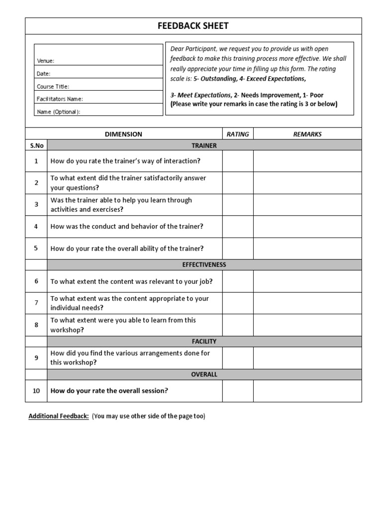 Feedback Sheet English | PDF