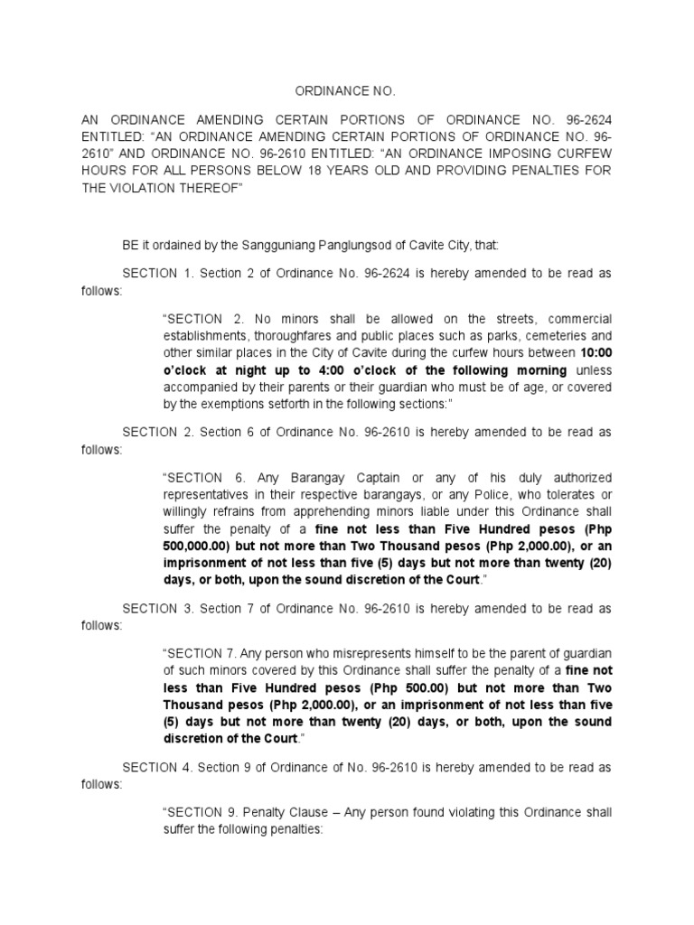 Curfew Ordinance Amendments | Legal Guardian | Fine (Penalty)