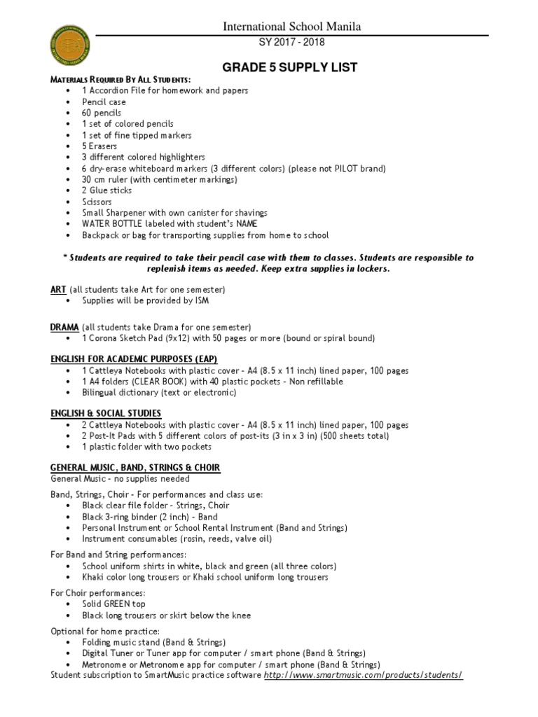 Grade 5 Supply List For SY1718 | PDF
