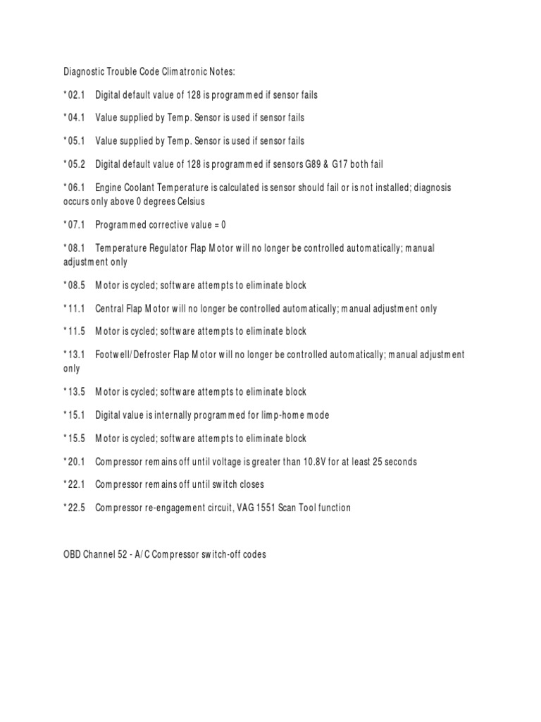 Diagnostic Trouble Code Climatronic Notes Pdf Pdf Air Conditioning