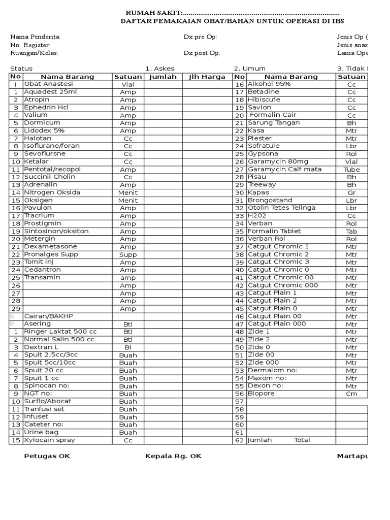Daftar Pemakaian Obat Untuk Operasi Di IBS | PDF