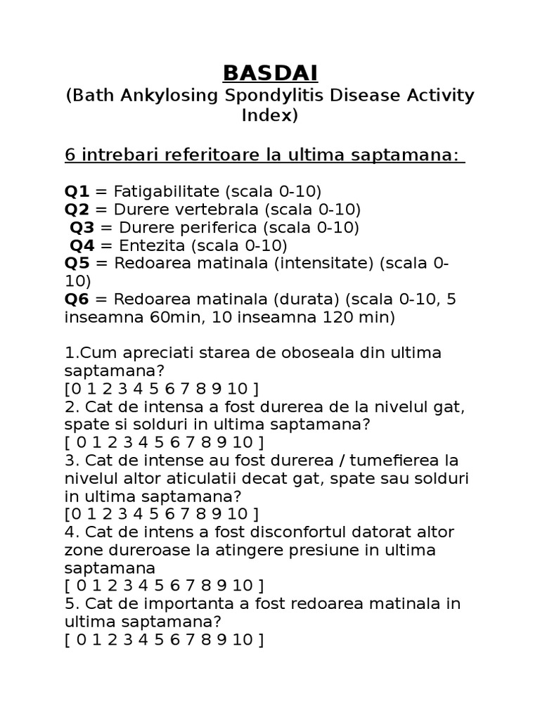 Scala BASDAI - Spondilita Anchilozanta | PDF