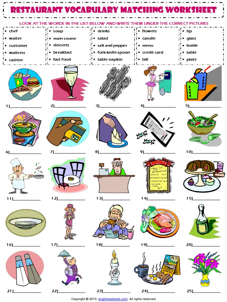 At The Restaurant Vocabulary Matching Exercise Worksheet | PDF ...