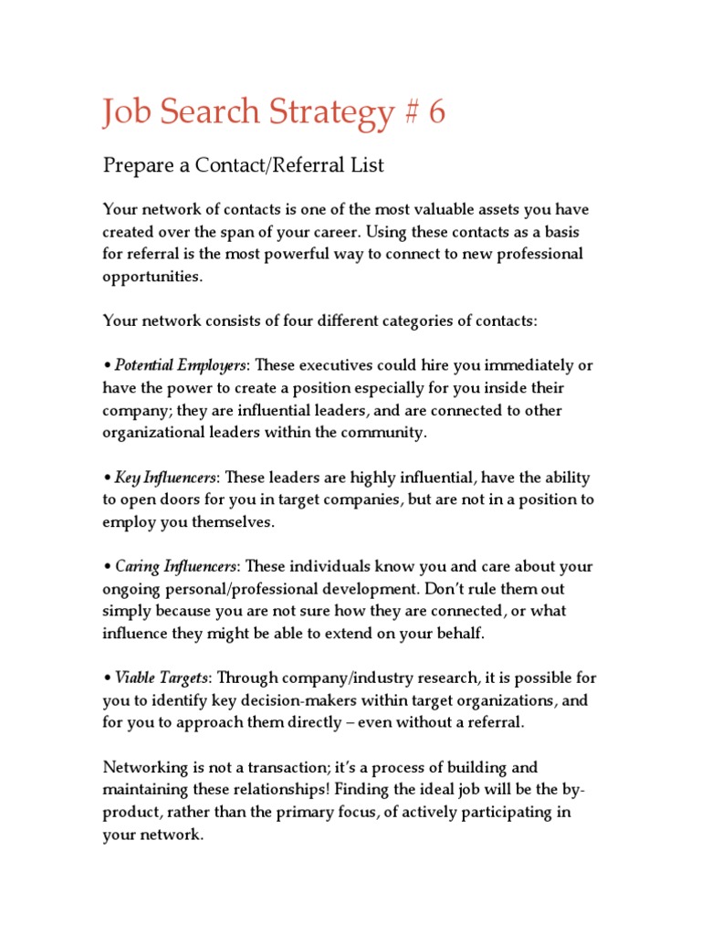 Preparing A Job Search Contact/Referral List | PDF