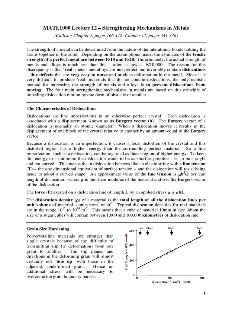MATE1000 Lecture 12 Strengthening Mechanisms in Metals | PDF | Dislocation | Crystallite