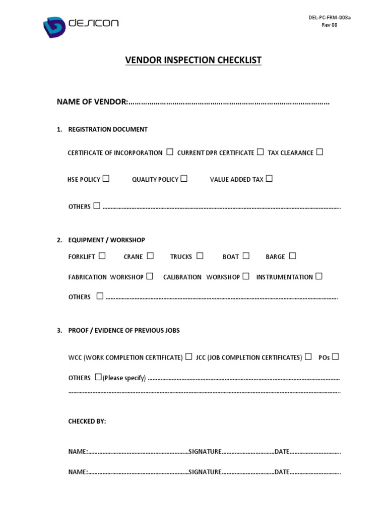Vendor Inspection Checklist PDF | PDF