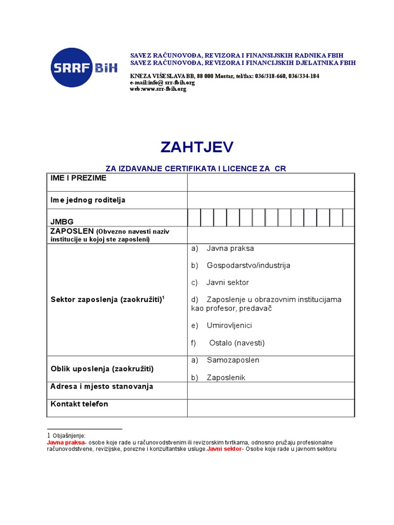 Zahtjev Za Izdavanje Certifikata I Licence Za CR 2017 | PDF