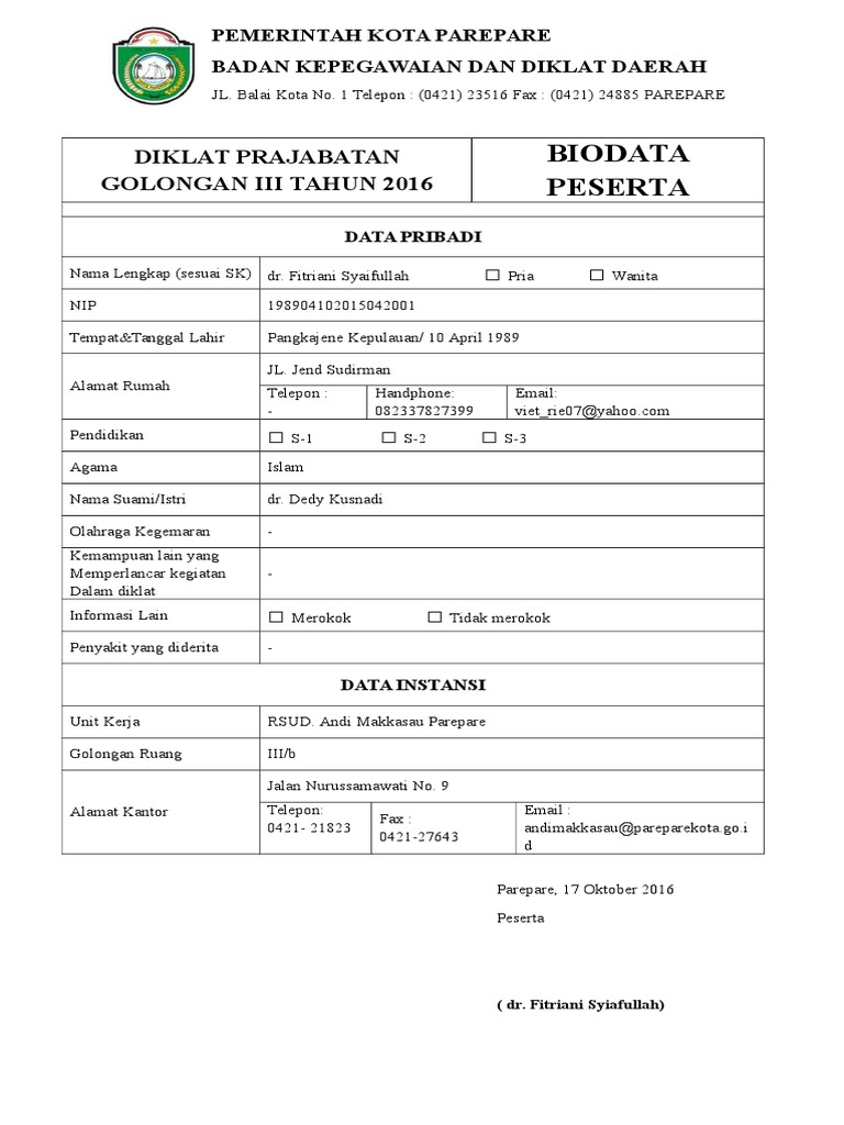 Biodata Diklat | PDF