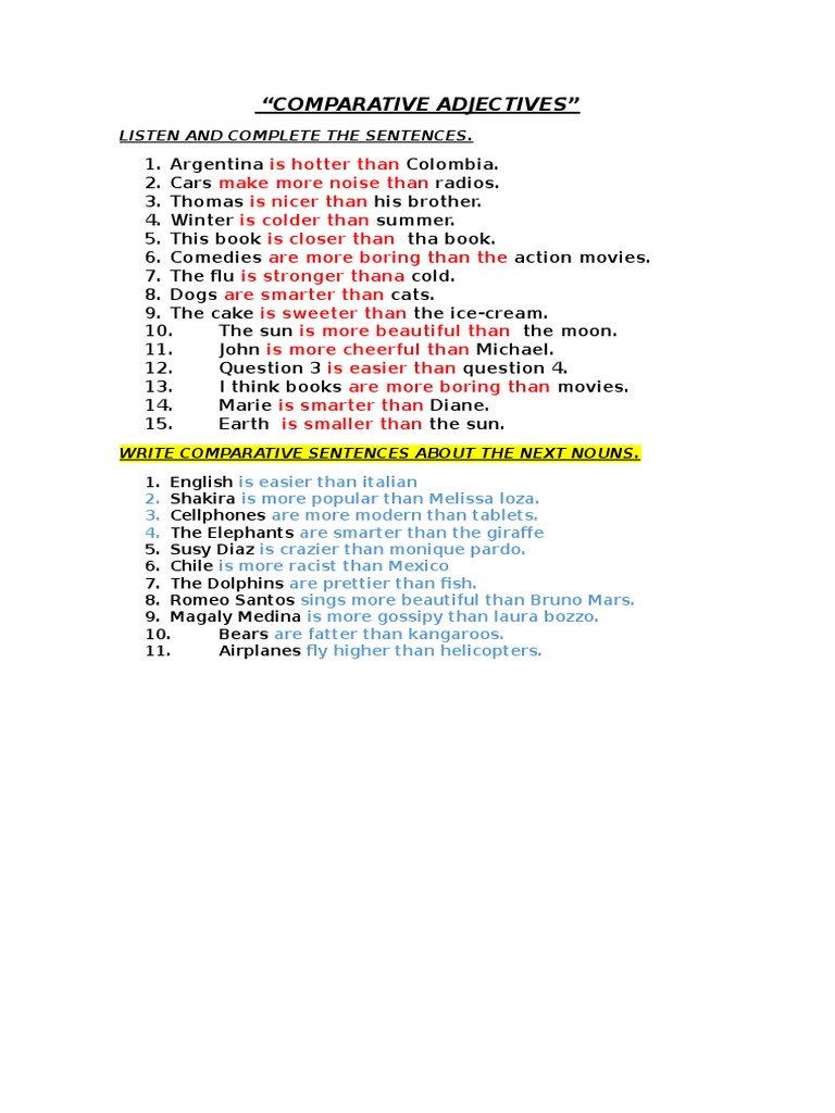 Comparative Adjectives Exercise | PDF