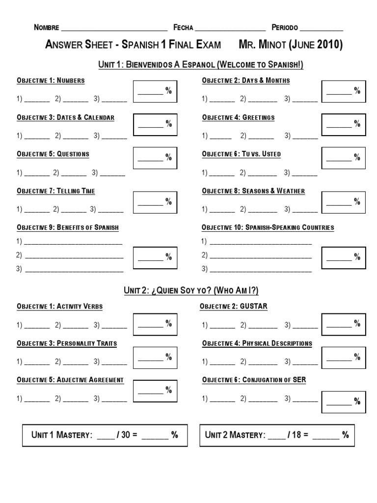 Spanish 1 Final Exam Answer Key | PDF | Morphology | Language Mechanics