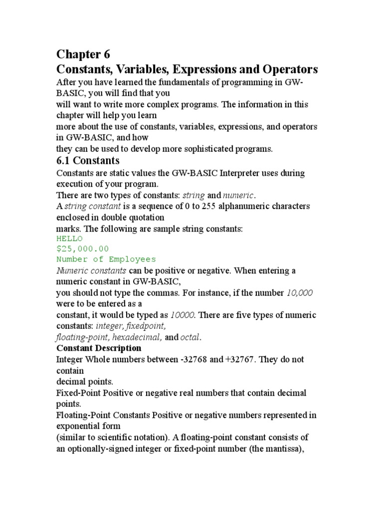Constants, Variables, Expressions and Operators | PDF