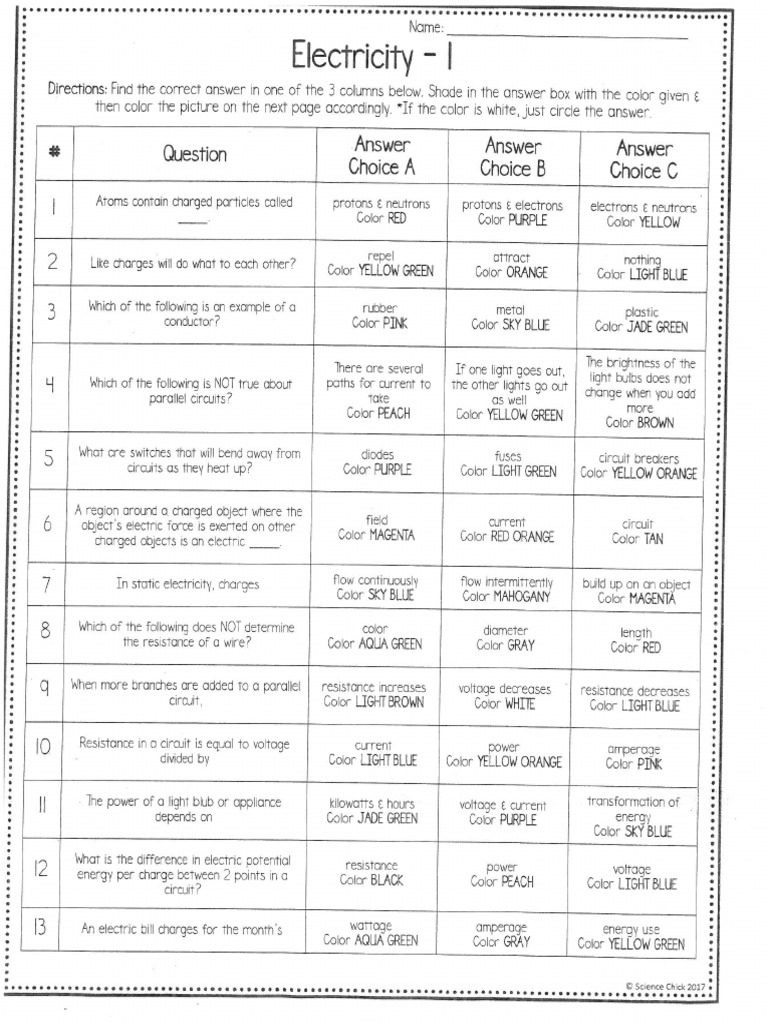 Electricity Color by Number Questions | PDF