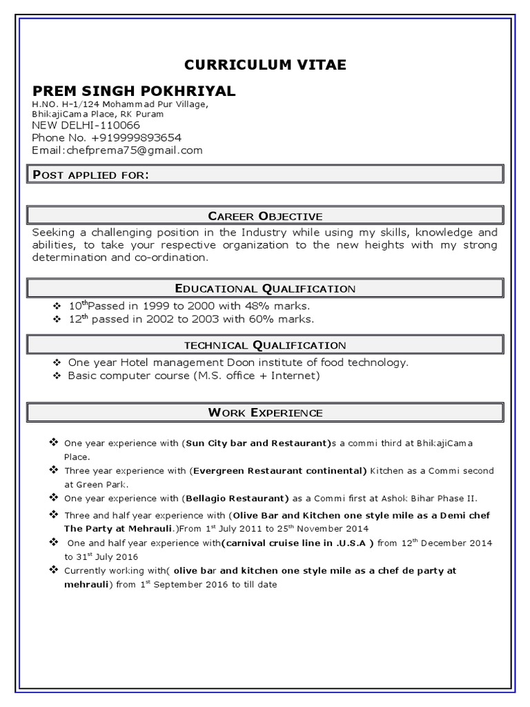 Chef Prem Singh Pokhriyal CV | PDF
