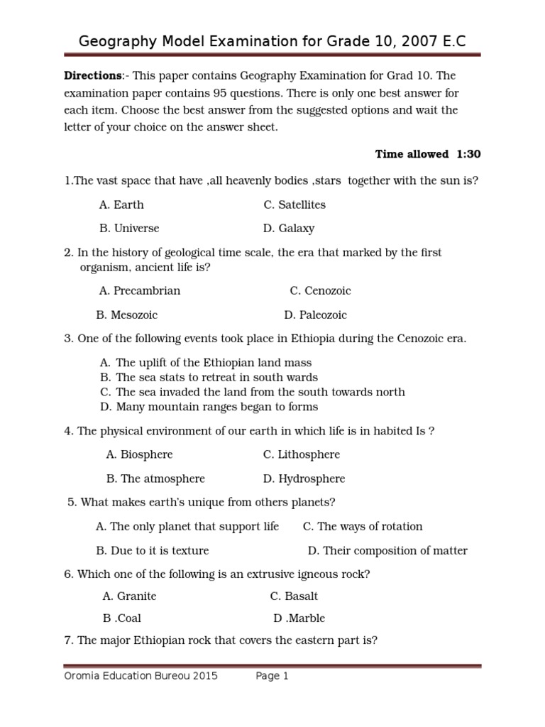 Geography Exam | PDF | Atmosphere Of Earth | Wound