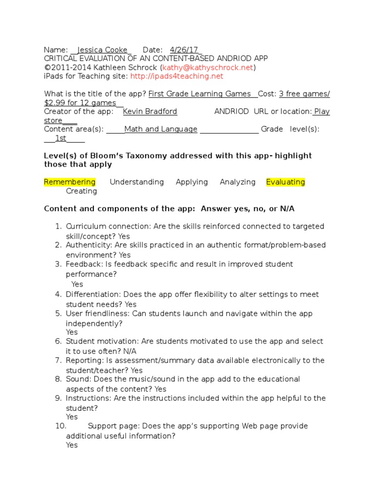 App Evaluation 1st Grade Learning | PDF | Mobile App | Classroom
