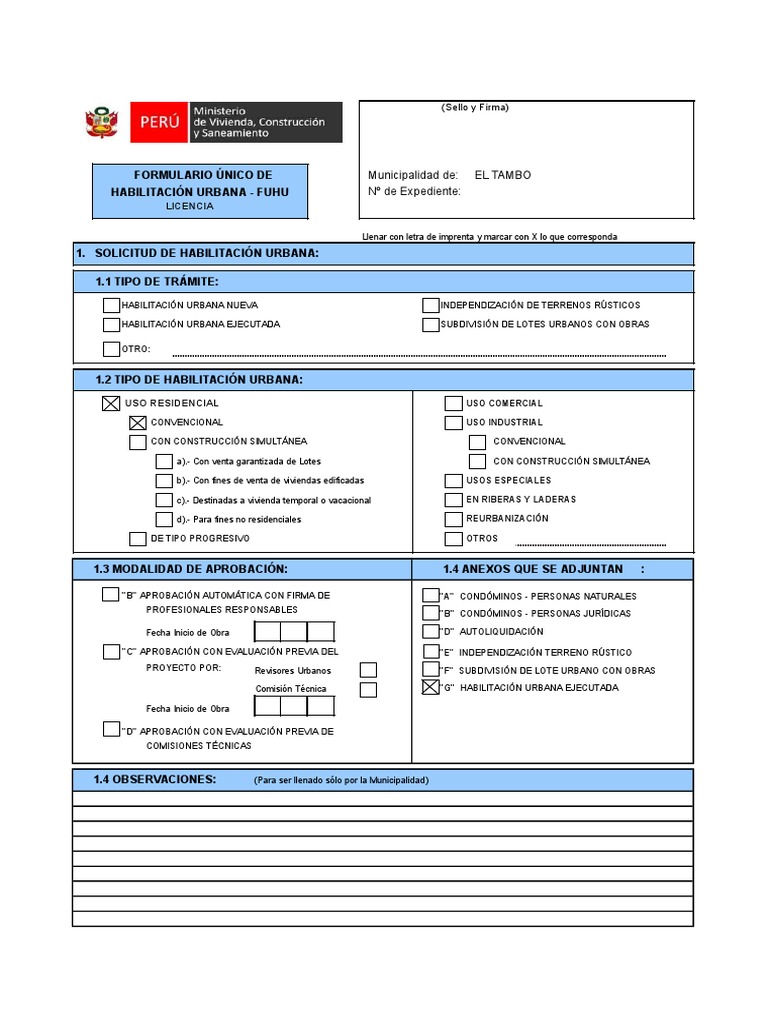 Formulario Unico de Habilitación Urbana - FUHU Licencia | Gobierno ...