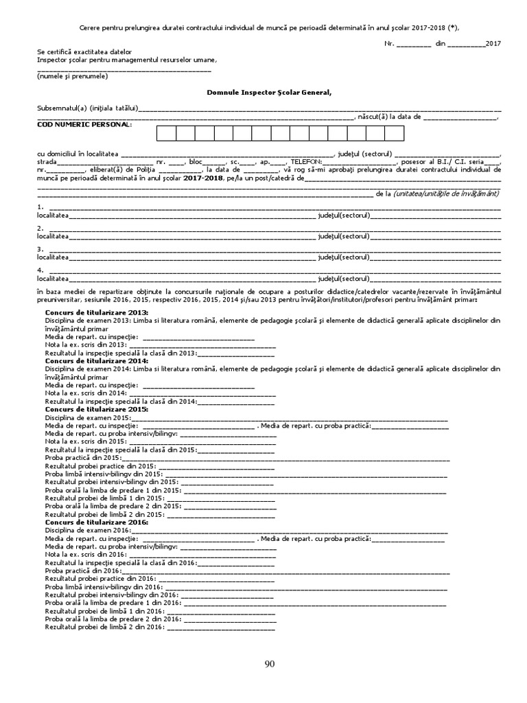 Cerere Pentru Prelungirea Duratei Contractului Individual de Munca Pe ...