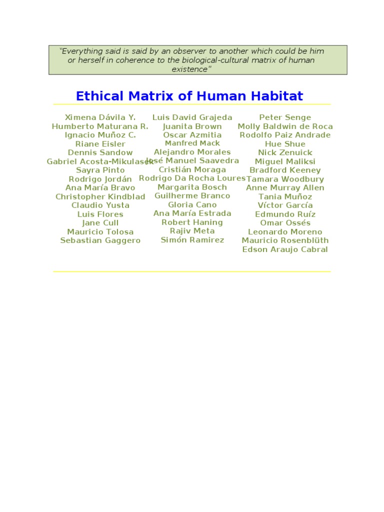 Ethical Matrix of Human Habitat. Proyect of Matríztica Et All. | PDF ...