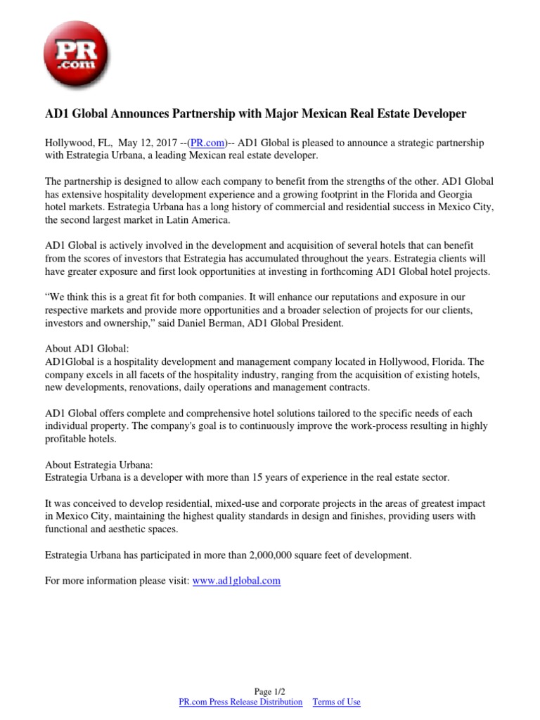 AD1 Global Announces Partnership With Major Mexican Real Estate ...