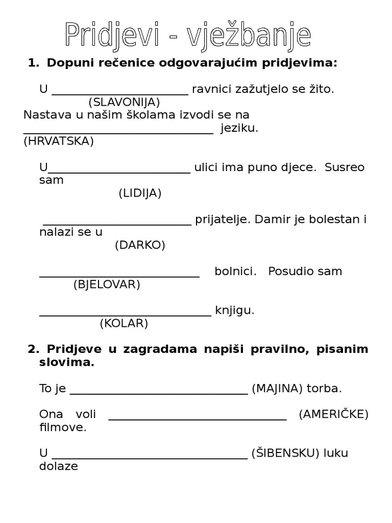 Pridjevi - Nastavni Listici 1 | PDF