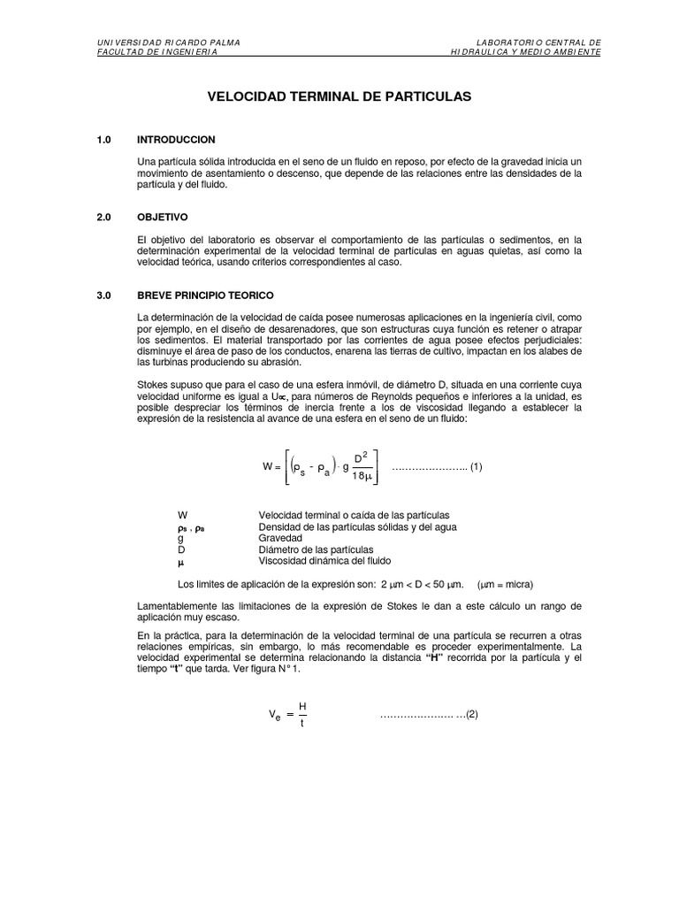 Lab N 1 Velocidad Terminal | PDF | Numero Reynolds | Viscosidad