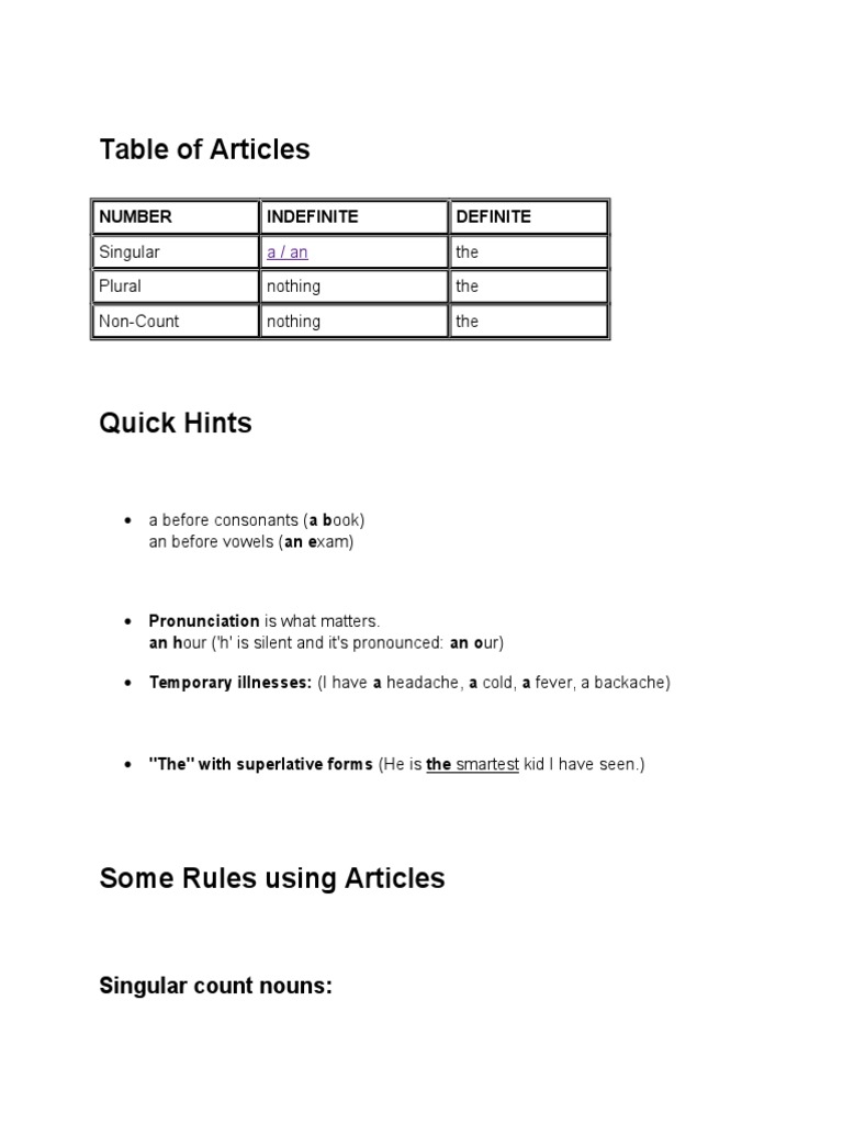 Table of Articles: Number Indefinite Definite | PDF