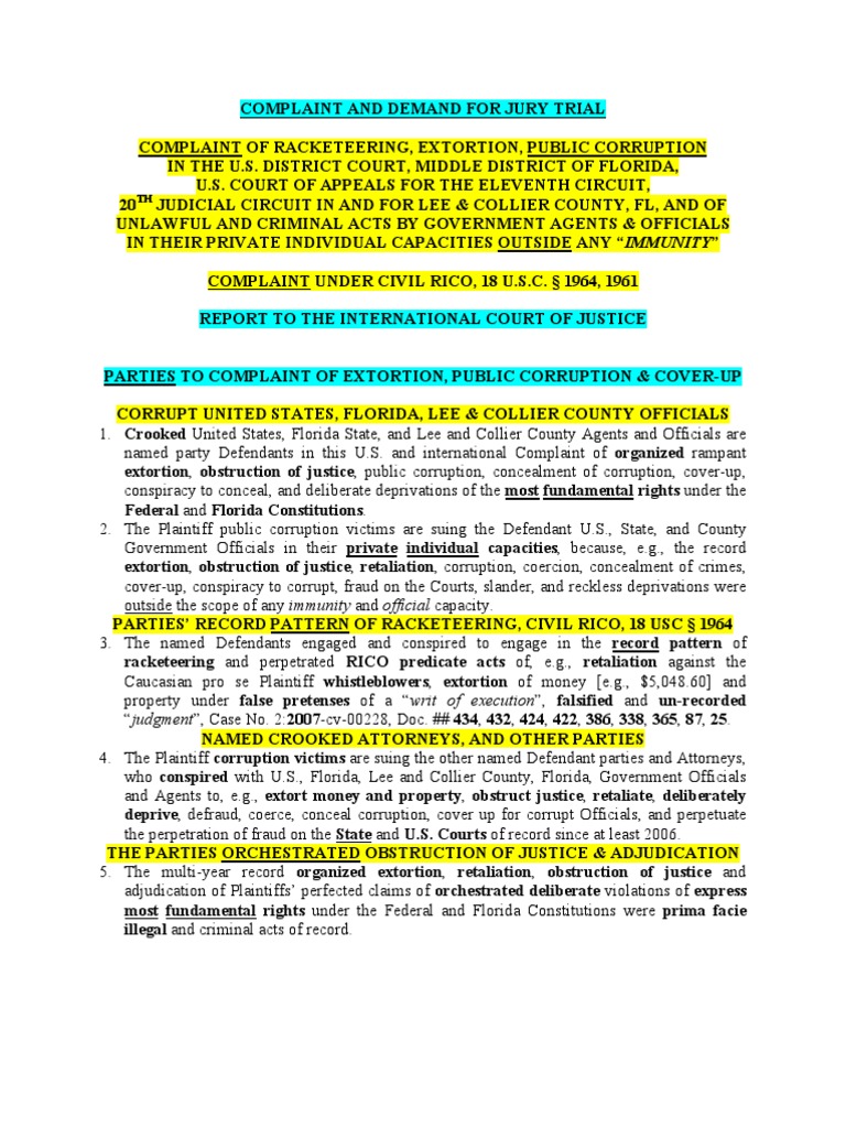 Parties To Complaint of Racketeering, Extortion, Corruption | PDF ...