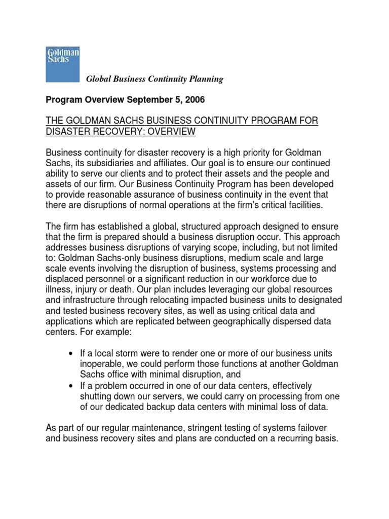 Global Business Continuity Planning: Program Overview September 5, 2006 ...