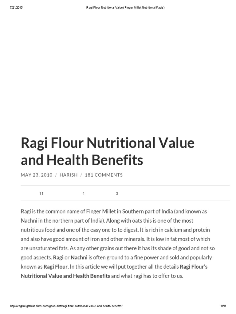 Ragi Flour Nutritional Value (Finger Millet Nutritional Facts) | PDF ...