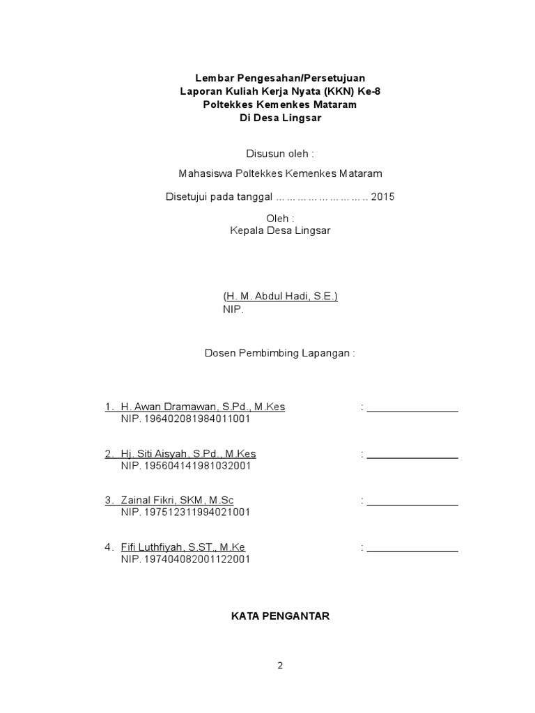 Kata Pengantar Dan Lembar Pengesahan Laporan KKN | PDF