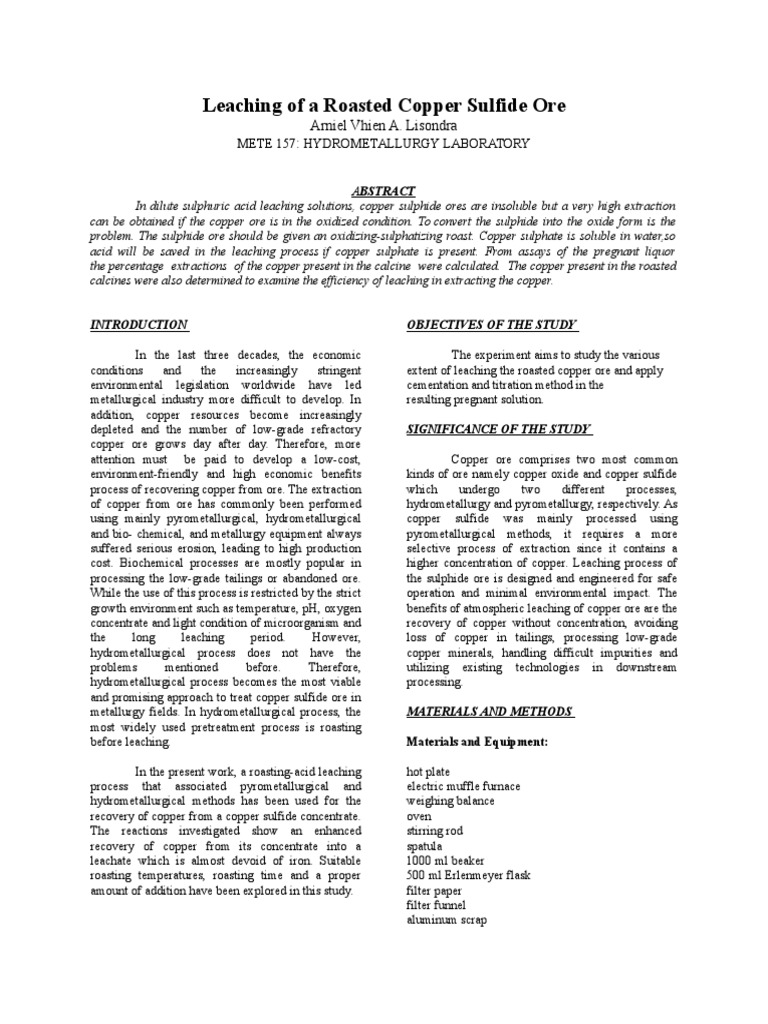 Copper Sulfide Ore Leaching Process | PDF | Copper | Titration