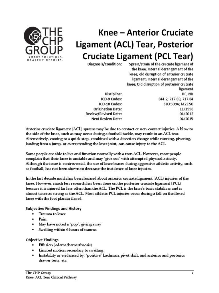 Knee Acl Tear - DC - ND - Rev 0413 - Final | PDF | Knee | Joints