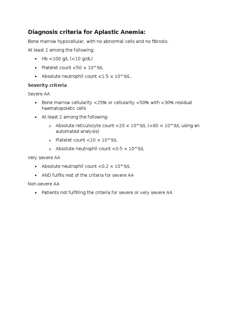 Diagnosis Criteria For Aplastic Anemia | PDF
