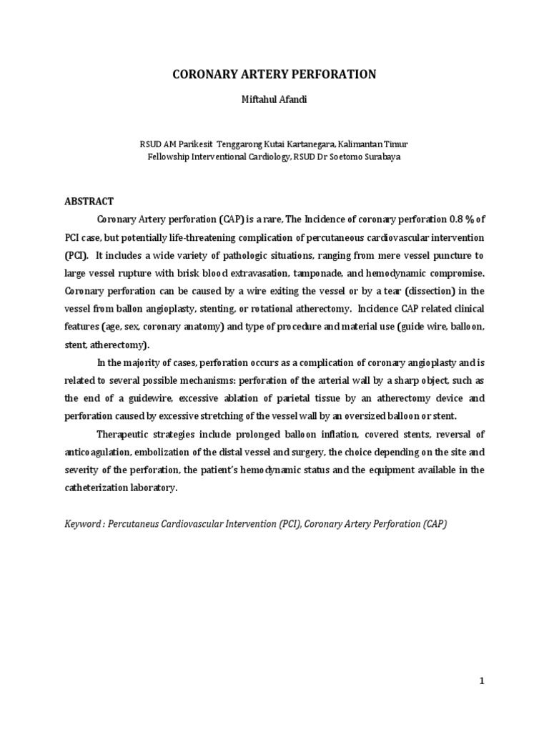 Coronary Artery Perforation: Causes, Classification, Diagnosis and ...