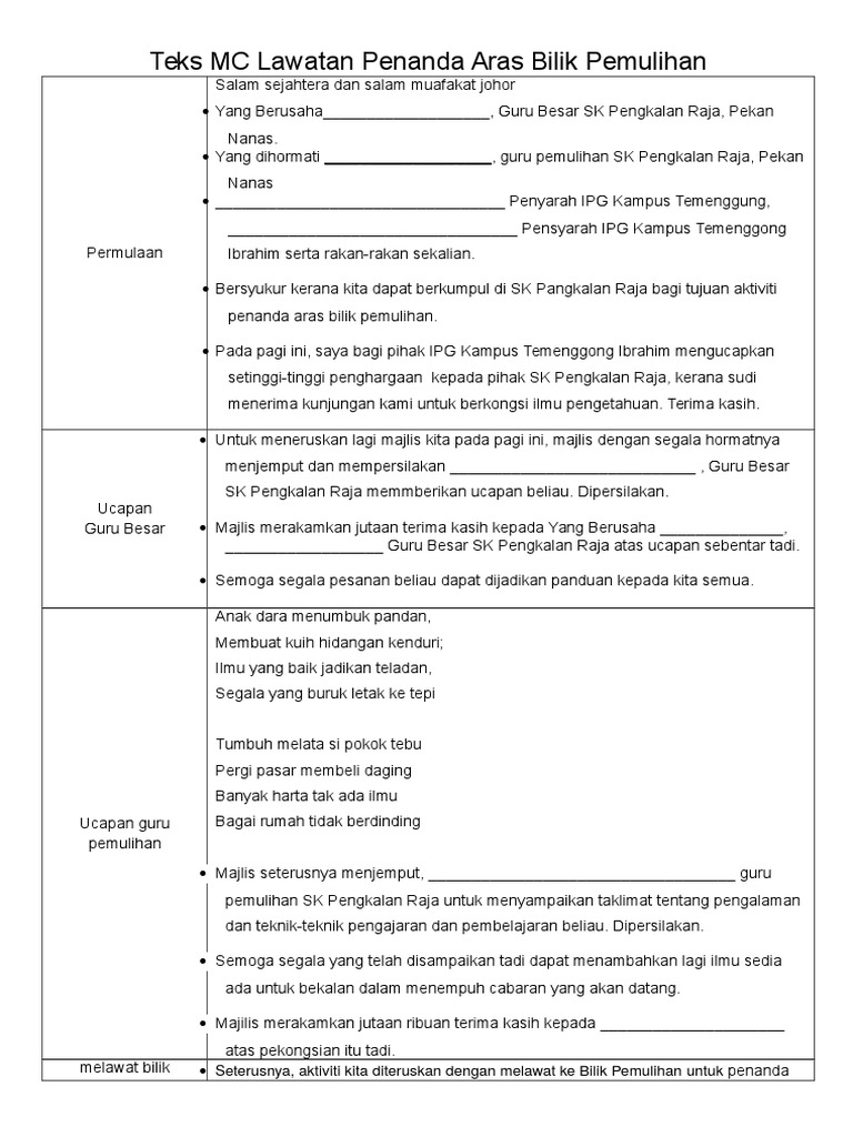 Teks MC Penanda Aras Bilik Pemulihan | PDF