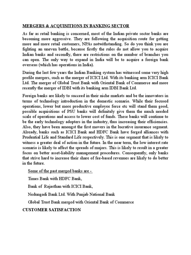 Mergers & Acquisitions in Banking Sector | PDF