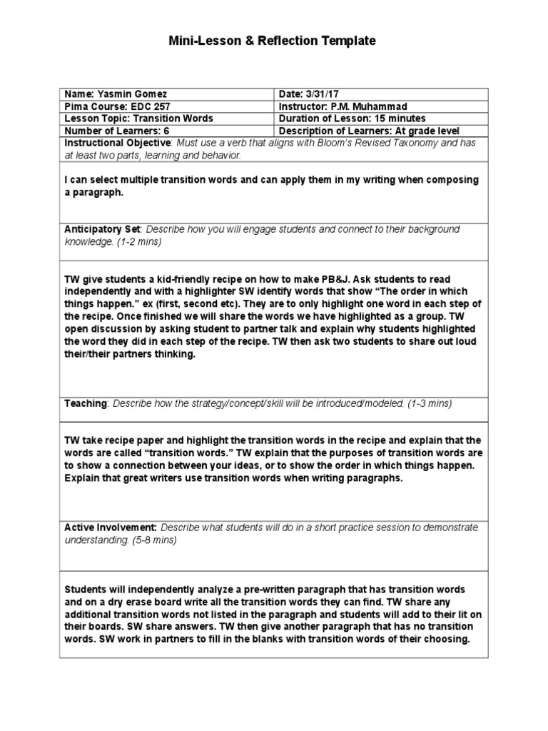 Mini Lesson Reflection 2 | PDF | Paragraph | Education Theory