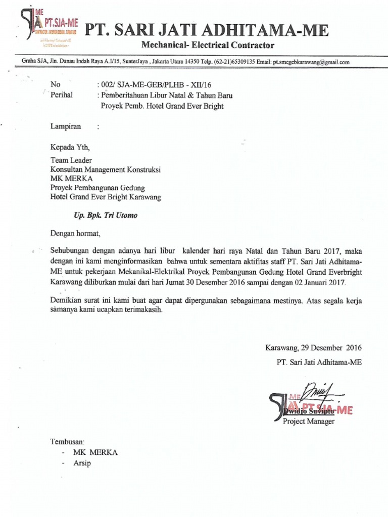 Surat Pemberitahuan Libur Kerja Sja-Me | PDF