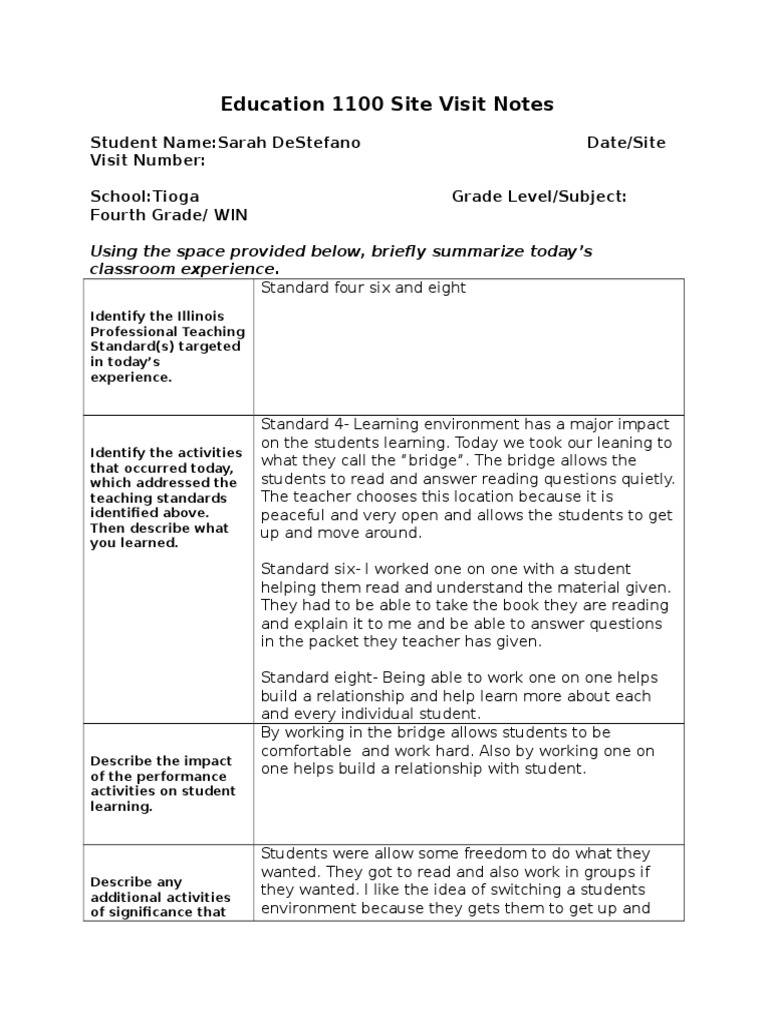 Education 1100 Site Visit Notes | PDF | Differentiated Instruction ...