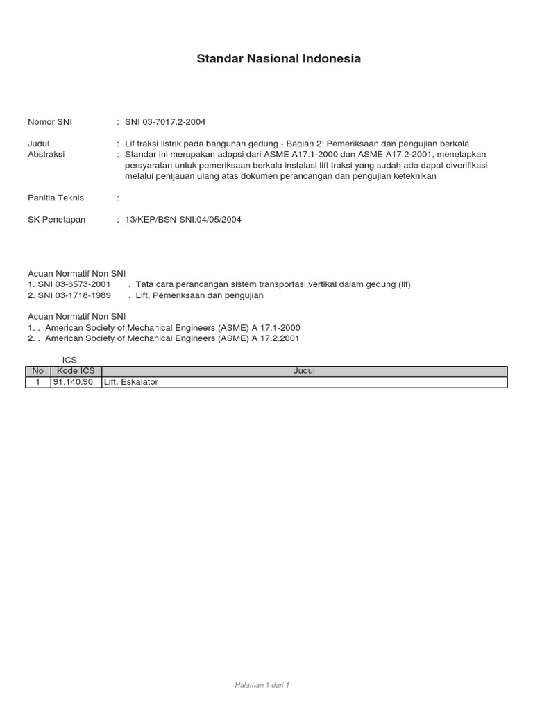 SNI 03-7017-2004 Lift Traksi Listrik Pada Bangunan Gedung | PDF