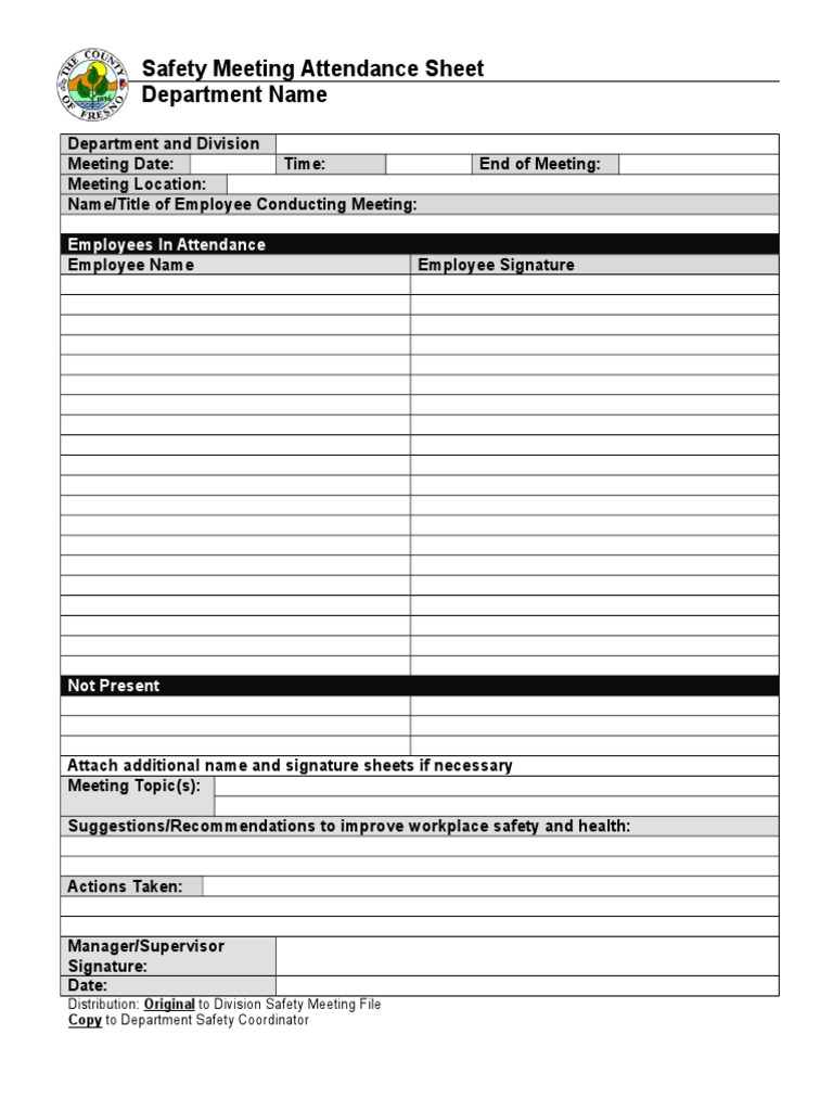 Safety Meeting Attendance Sheet Department Name | PDF