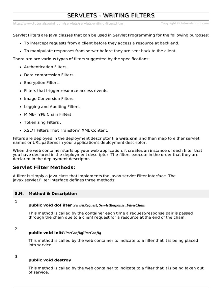 Servlets Writing Filters | PDF | Java Servlet | Java (Programming Language)