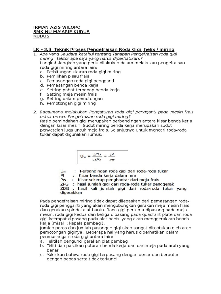 LK - 3.3 Teknik Proses Pengefraisan Roda Gigi Helix Atau Miring | PDF