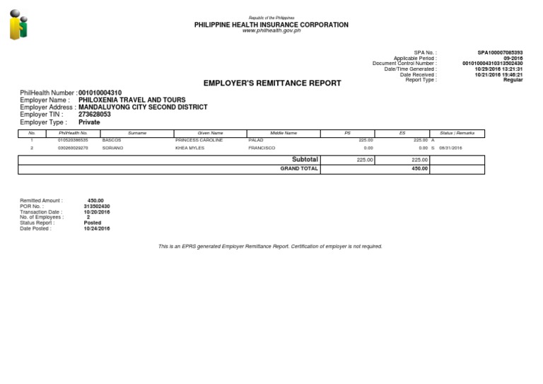 Employer'S Remittance Report: Philippine Health Insurance Corporation | PDF