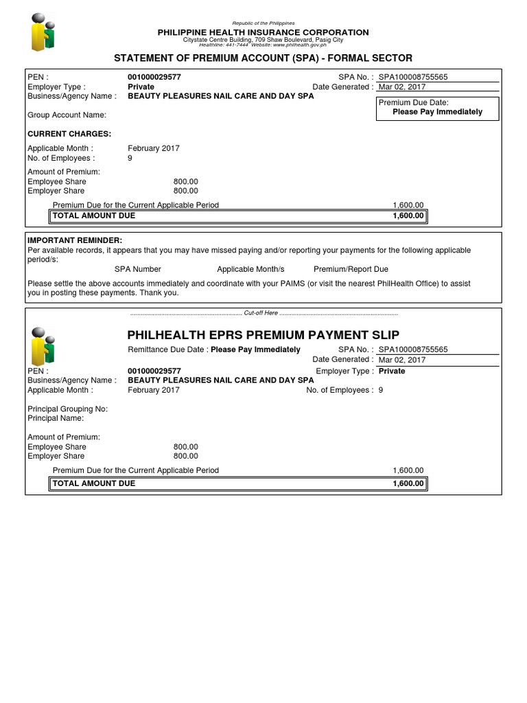 Philhealth Eprs Premium Payment Slip: Statement of Premium Account (Spa ...