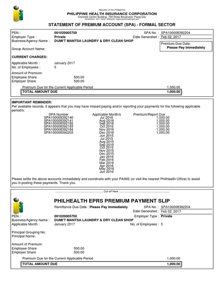 Statement of Premium Account (Spa) - Formal Sector: Philhealth Eprs ...