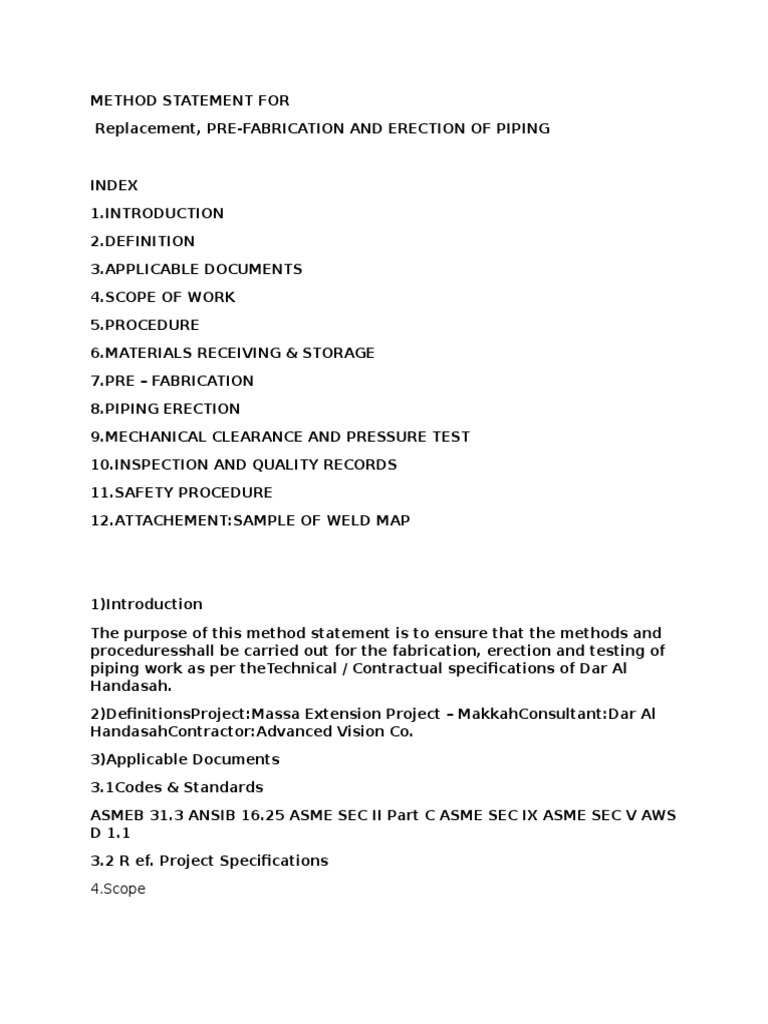 Piping Fabrication and Erection Method Statement | PDF | Pipe (Fluid ...