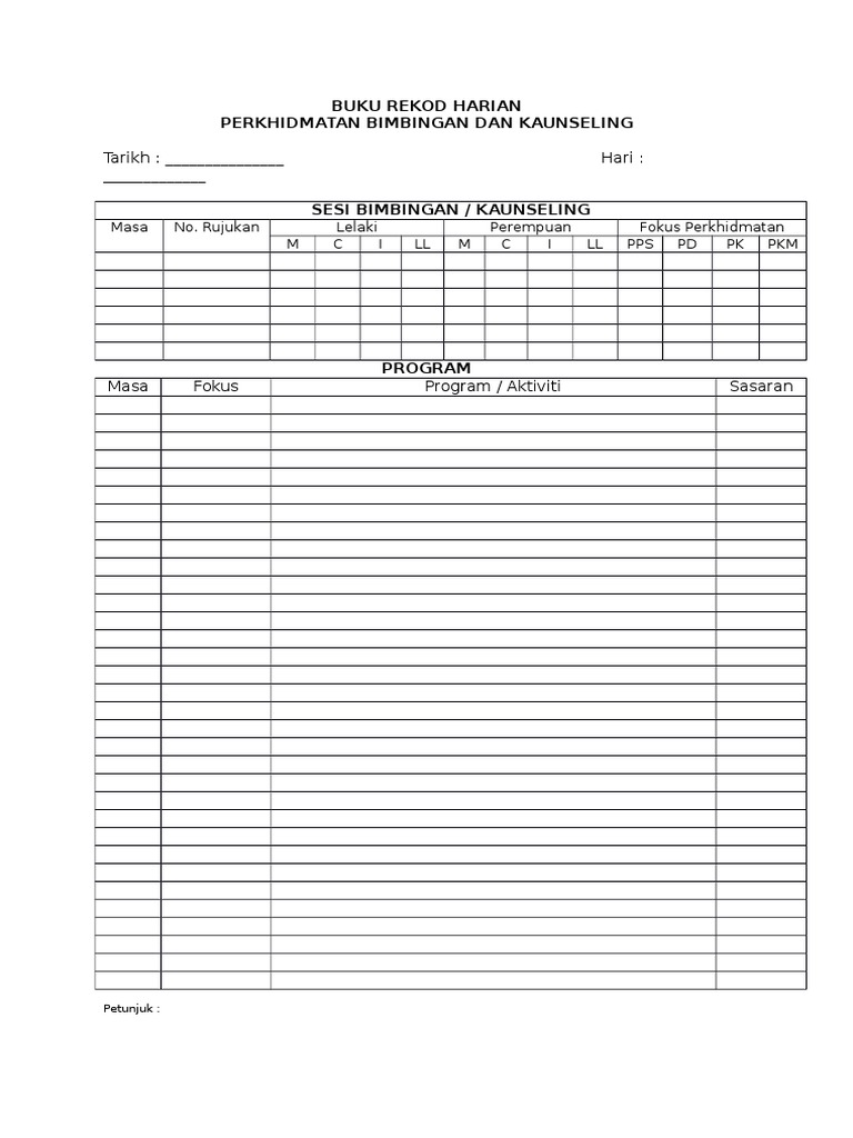 Buku Rekod Harian PERKHIDMATAN KAUNSELING | PDF