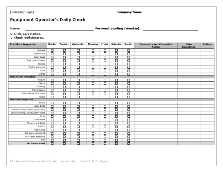 E2 - Equipment Operators Daily Checklist | Car | Land Vehicles