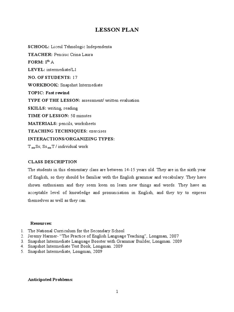 Lesson Plan Test | PDF | Lesson Plan | Vocabulary